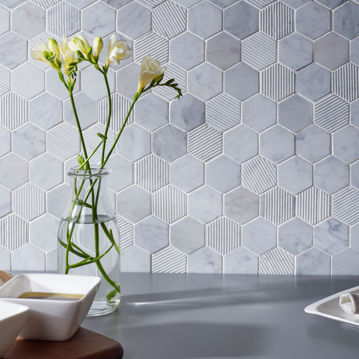 Fog Stone Hexagon Marble Mosaic Tile - 300mm x 300mm x 8mm (Covers 0.0